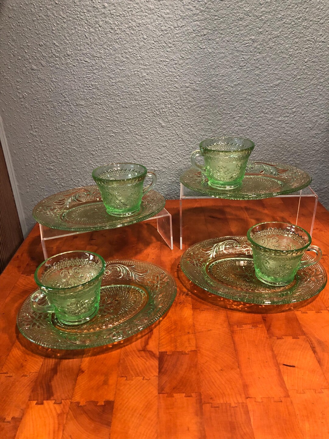 Vintage 8 Pc Set Indiana Tiara Glass Chantilly Green Teacups and Oval ...