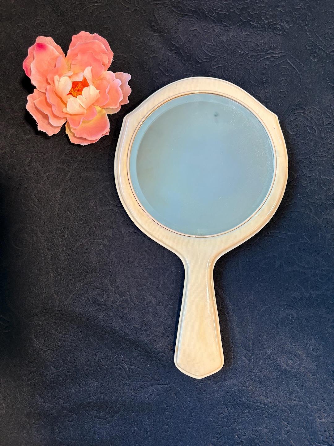 Vintage Celluloid Handmirror, Round Beveled Glass Celluloid Cream Color ...