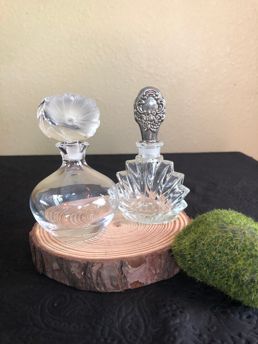 Vintage Pair of Glass Perfume Bottles, Silver Tone Metal Topper and ...
