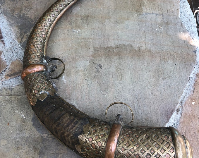 Antique Middle Eastern Powder Horn, Animal Horn With Copper and Brass ...