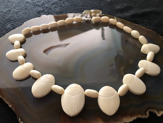 Vintage carved bone scarabs and bone beads necklace, … - Gem