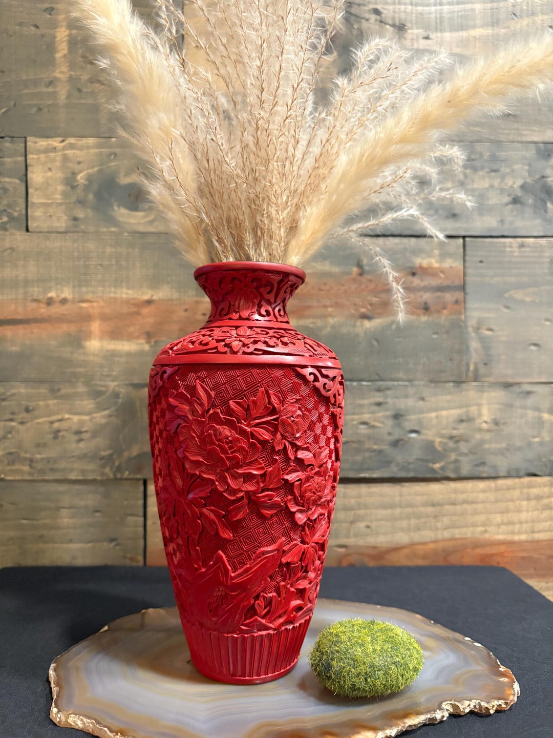 Vintage Chinese Red Cinnabar Vase, 3D Carved High Relief Peony Flowers ...