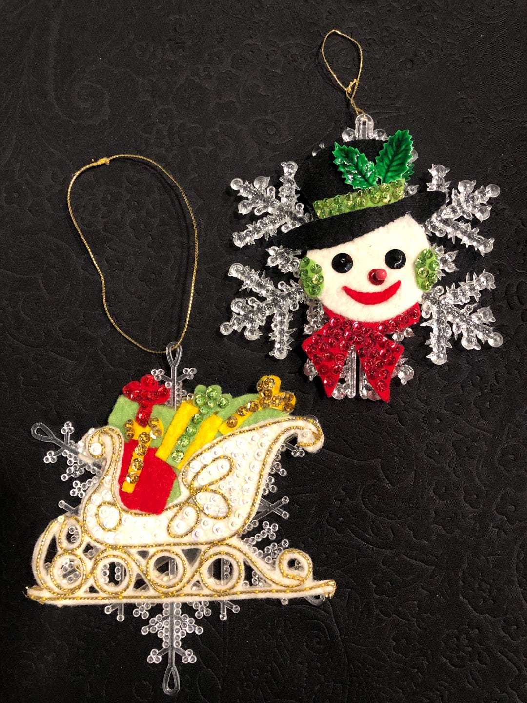Vintage Pair of Edna Looney Jeweled Felt Frosty the Snowman & Sleigh ...