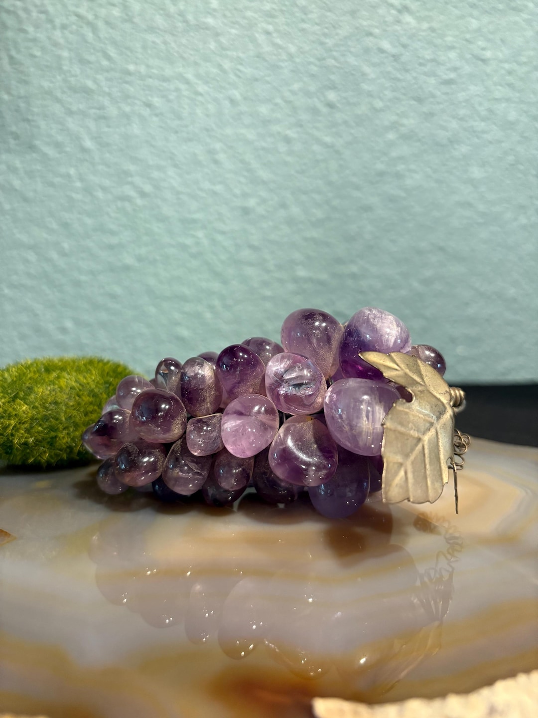 Vintage Amethyst Crystal Grape Cluster Metal Leaf Wire Stem, Amethyst ...
