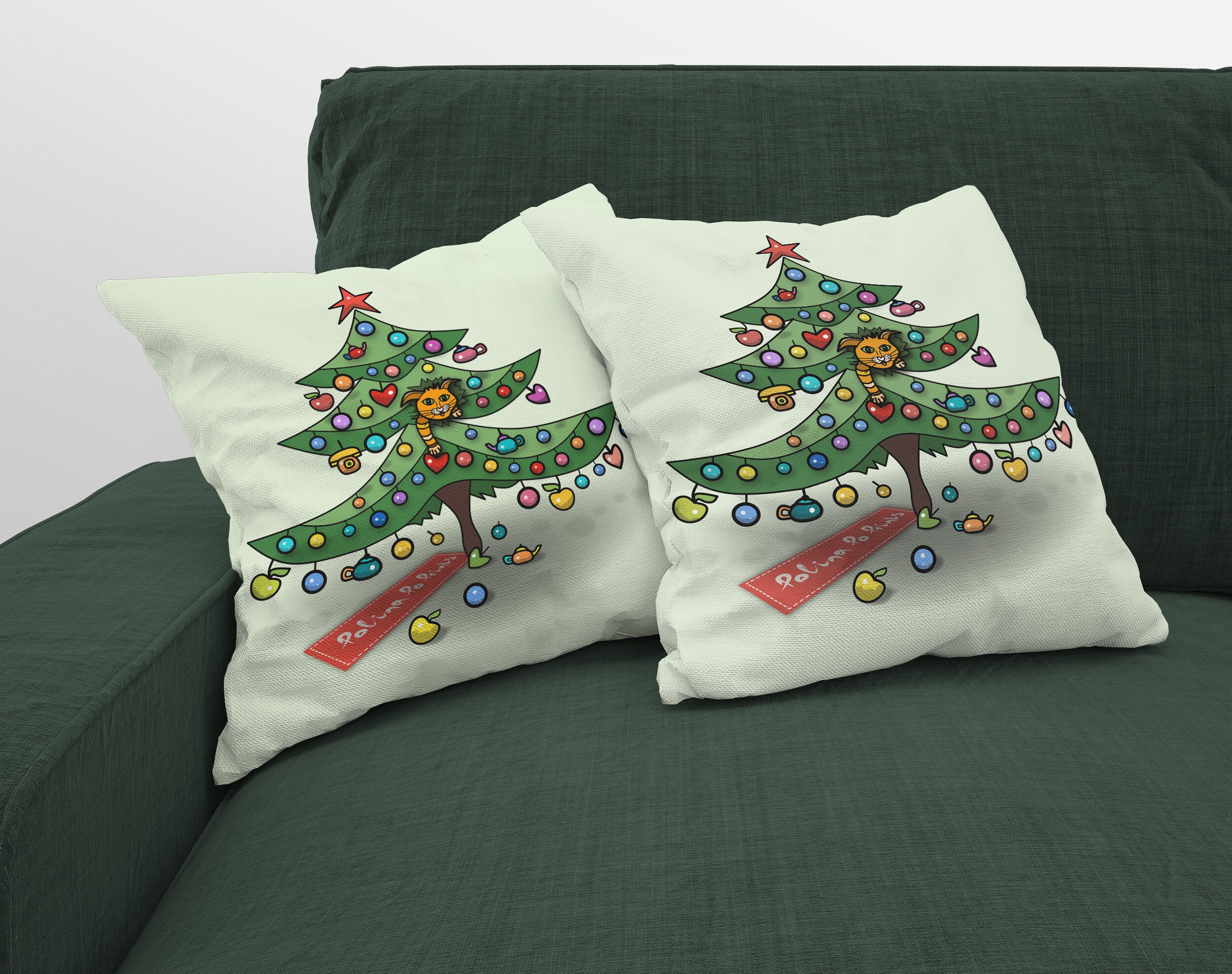 Green Christmas Tree With Hooligan Orange Cat. Handcrafted Cat Pillow ...
