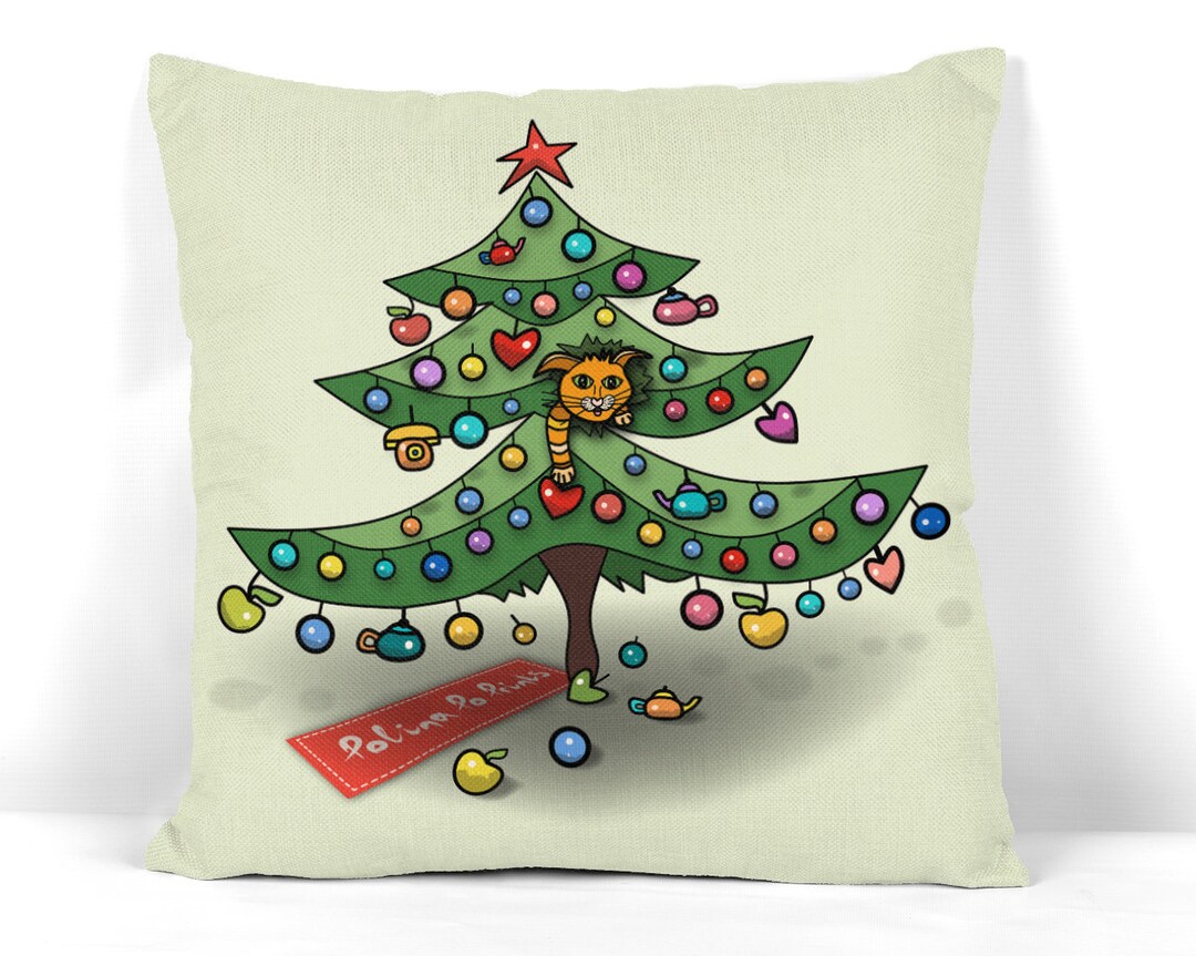 Green Christmas Tree With Hooligan Orange Cat. Handcrafted Cat Pillow ...