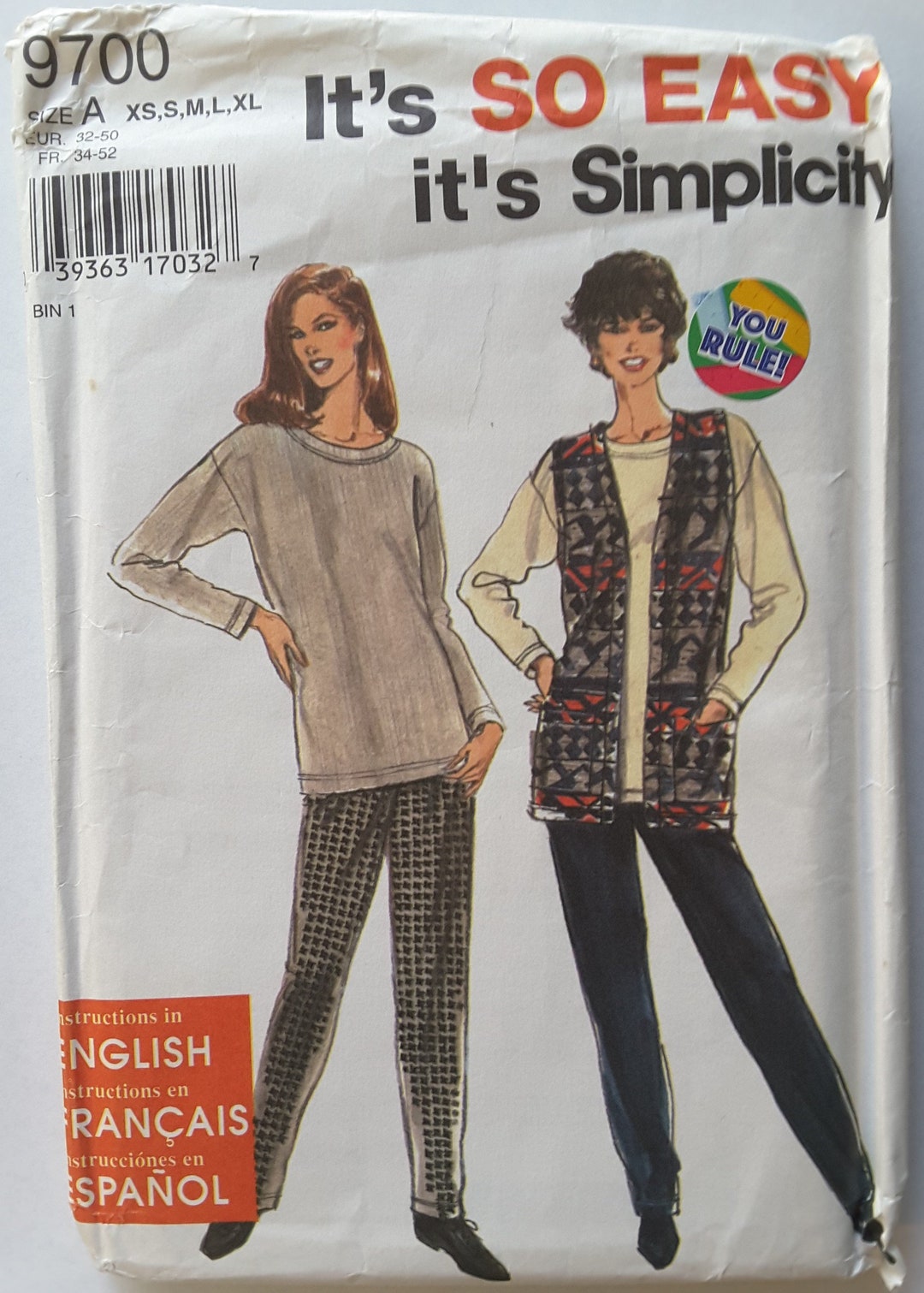 Simplicity, 9700, 90s, It's so Easy, Vest, Pants, Top, Size, XS, S, M ...