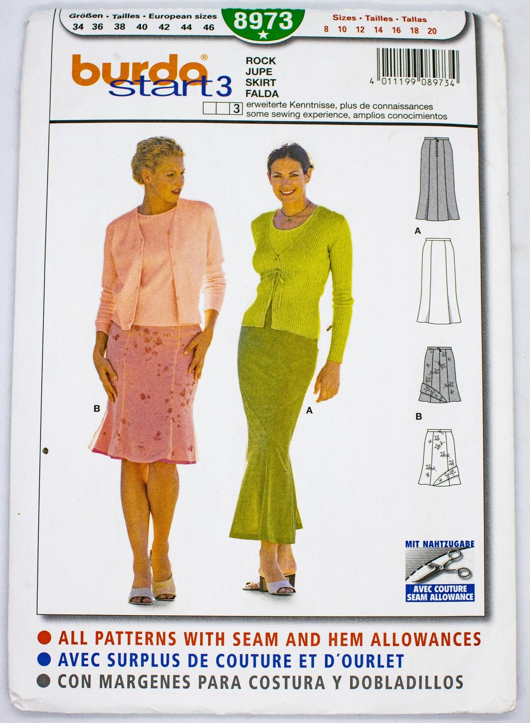 Burda, 8973, Close Fitting, Skirt, Two Length Variations, Size, 8, 10 ...