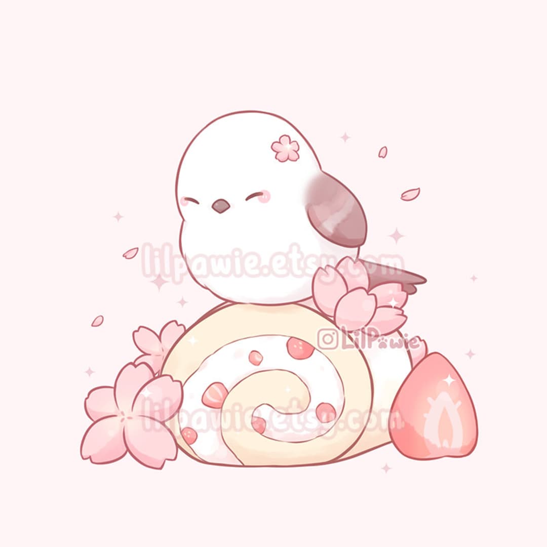 Shima Enaga Bird Cherry Blossom and Strawberry Cake Roll Cartoon Cute ...