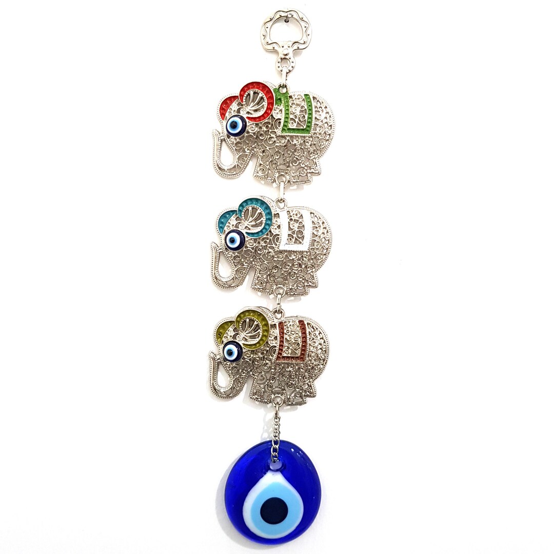 Glass Evil Eye Wall Hangings Three Elephant No: 41925 Metal Zamak ...