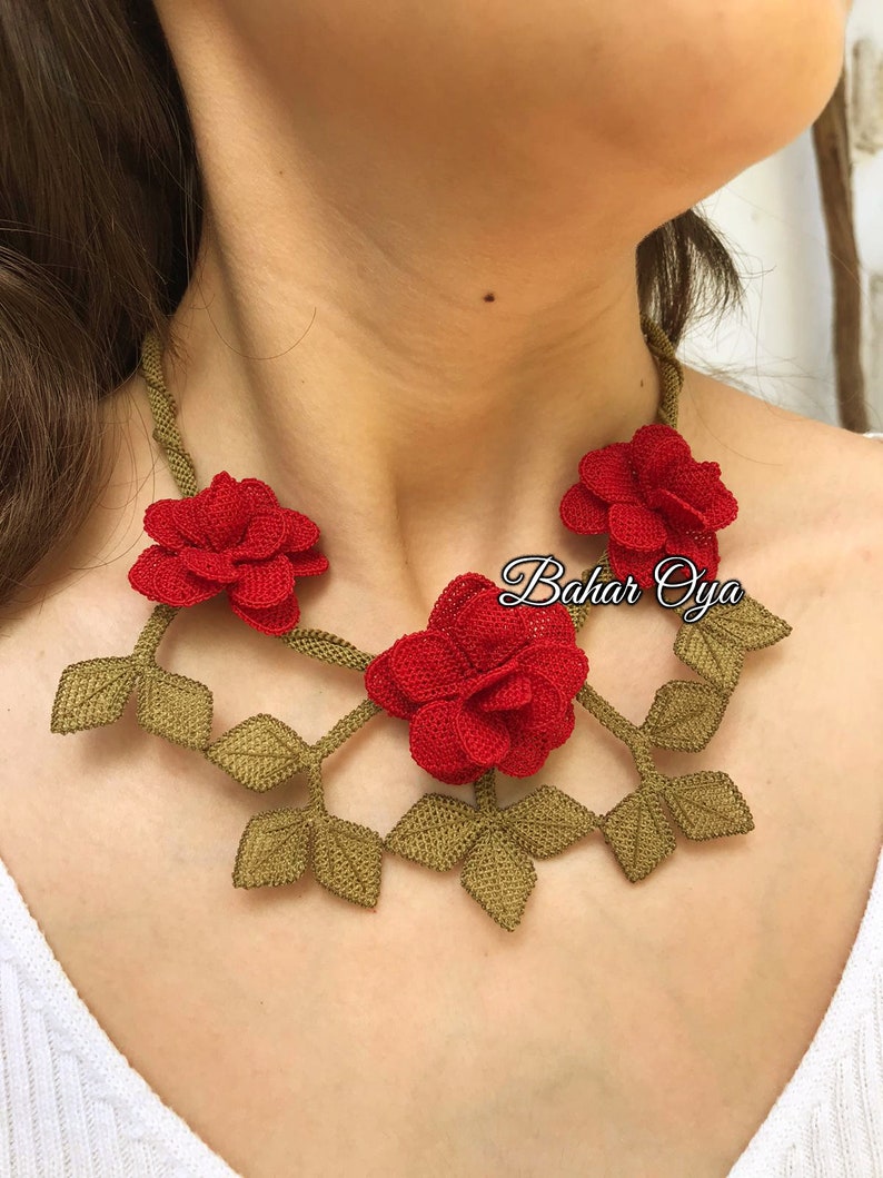 Turkish Oya Rose Branch Necklace Red Summer Jewelry Boho - Etsy