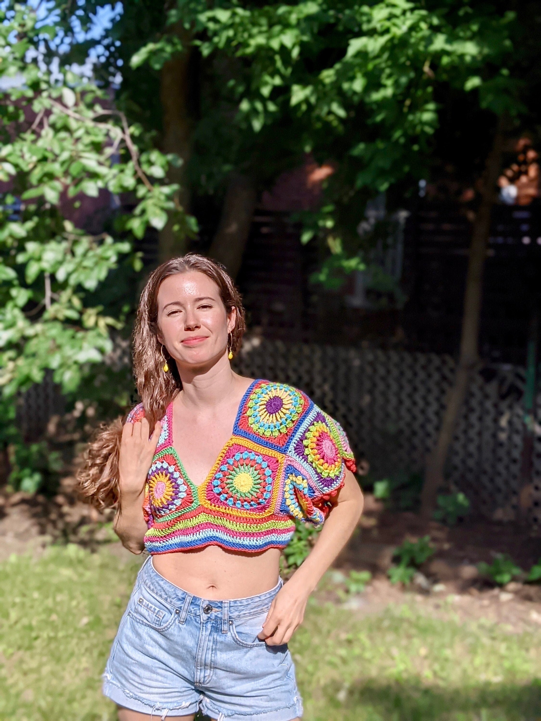 Colorful Crochet Granny Square Crop Top Vibrant Funky Boho Etsy Uk