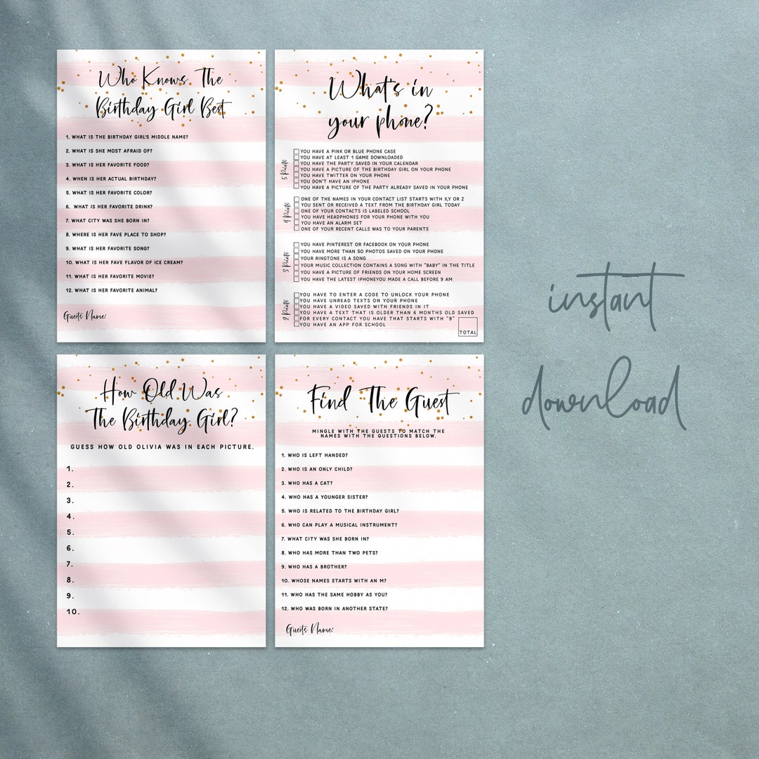 Glitter Gold Birthday Party Games, Who Knows the Birthday Girl Best ...