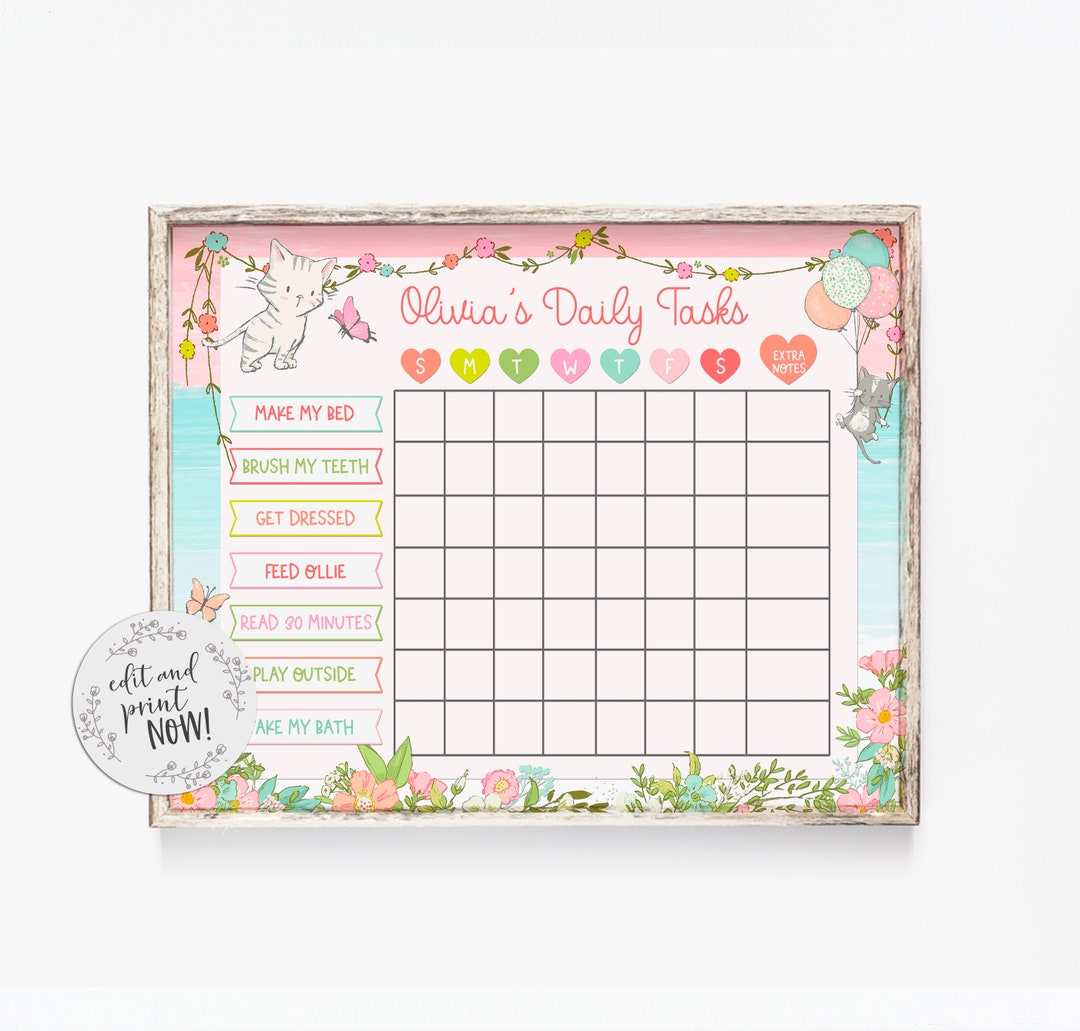 Instant Download Chore Chart for Girls, Kitten Chore Charts, Floral ...