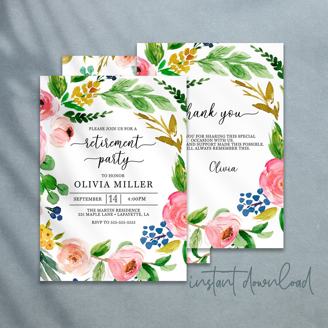 Pink Floral Retirement Party Invitations Template Printable Farewell ...
