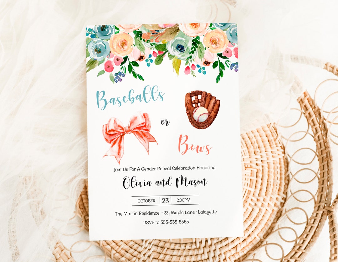 Baseballs or Bows Gender Reveal Invitation | Editable Digital Template ...