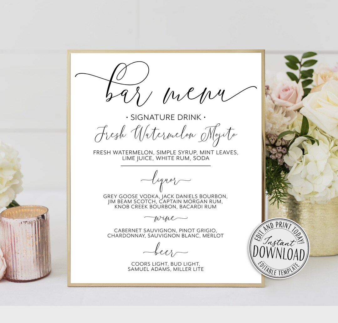 Modern Wedding Bar Menu Template, Minimalist Bar Menu Wedding Sign ...