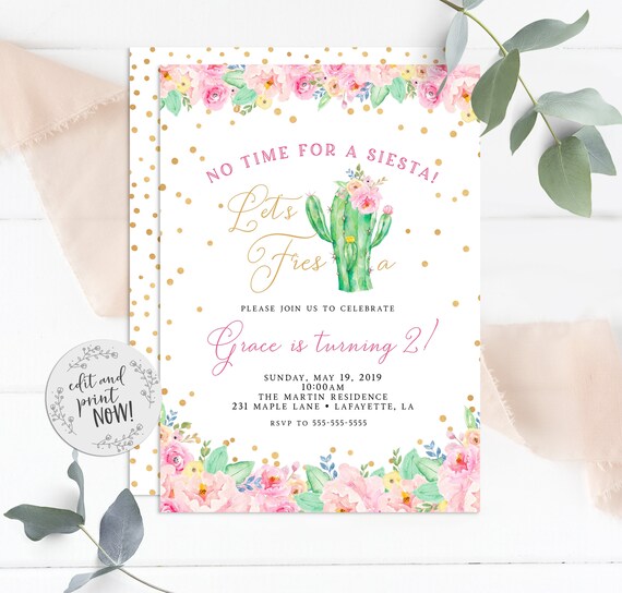 Fiesta Invitation Pink Floral Fiesta Birthday Invitation | Etsy