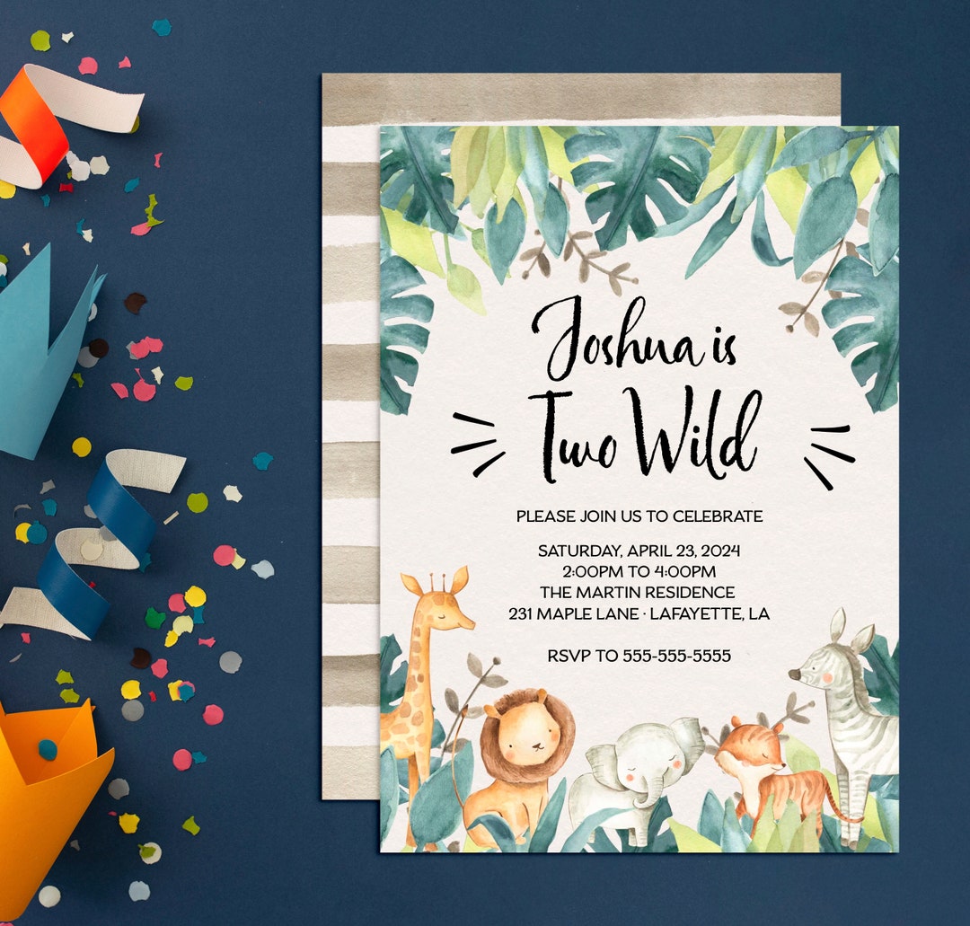 Two Wild Birthday Invitation, Safari Animals Invitation, Jungle ...