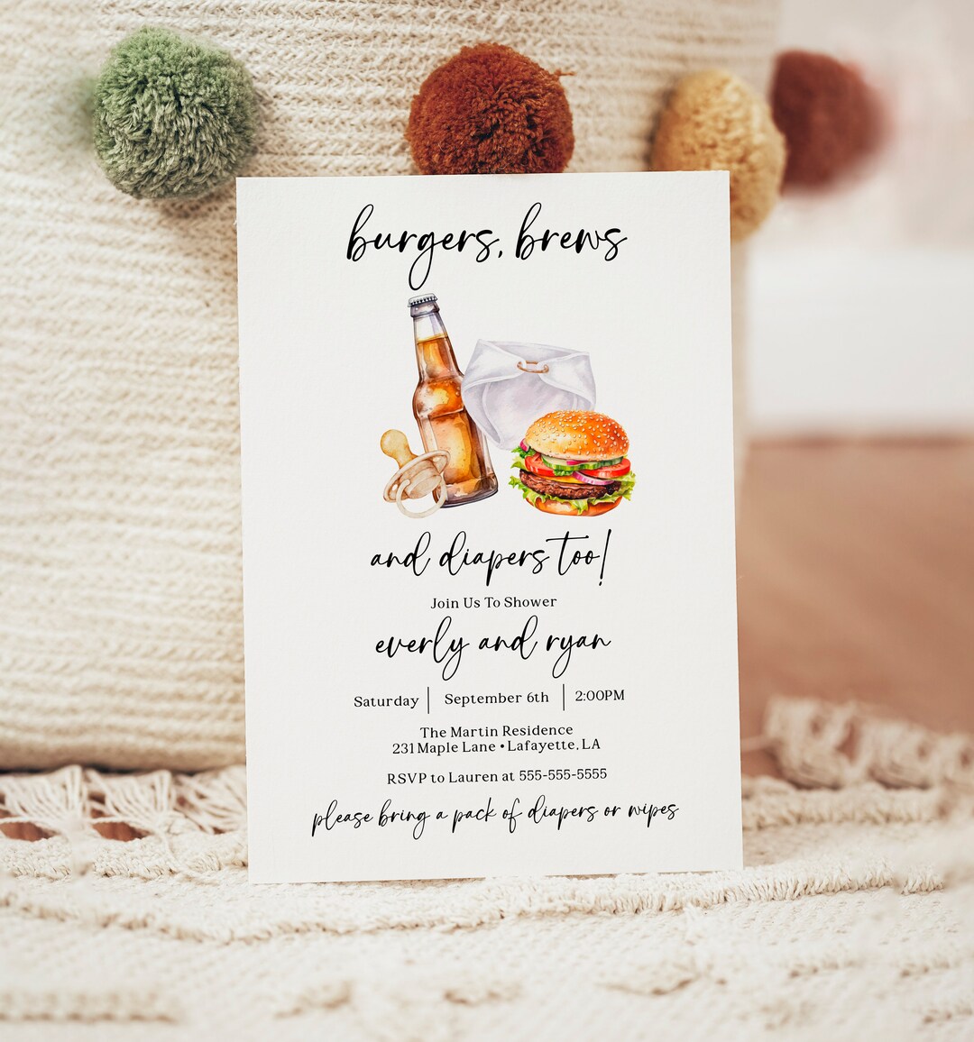 Burgers, Brews and Diapers Baby Shower Invitation, Instant Download ...