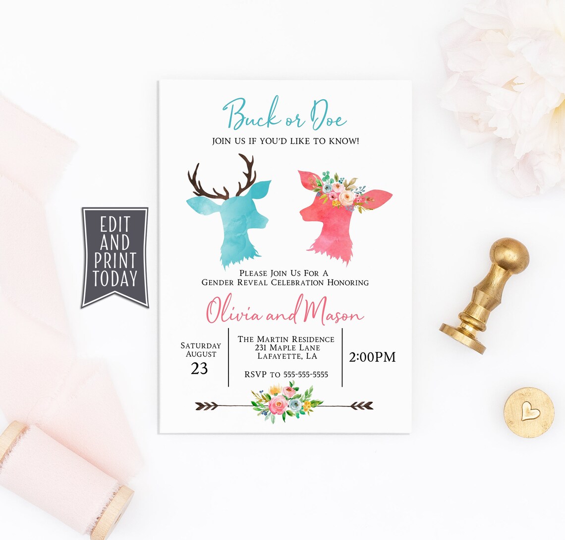Buck or Doe Invitations Gender Reveal Invitations Instant | Etsy