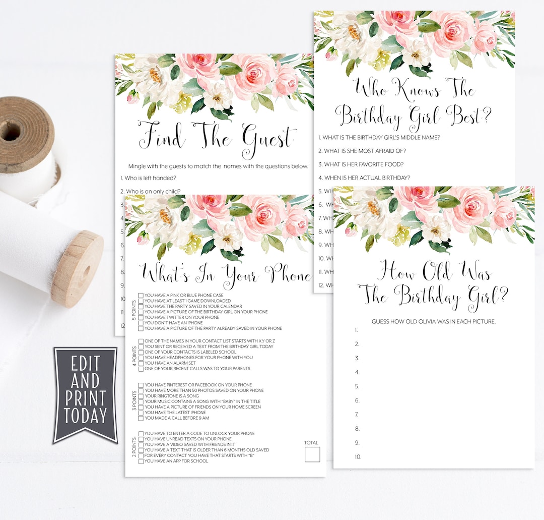 Pink Floral Birthday Party Games, Who Knows the Birthday Girl Best, How ...