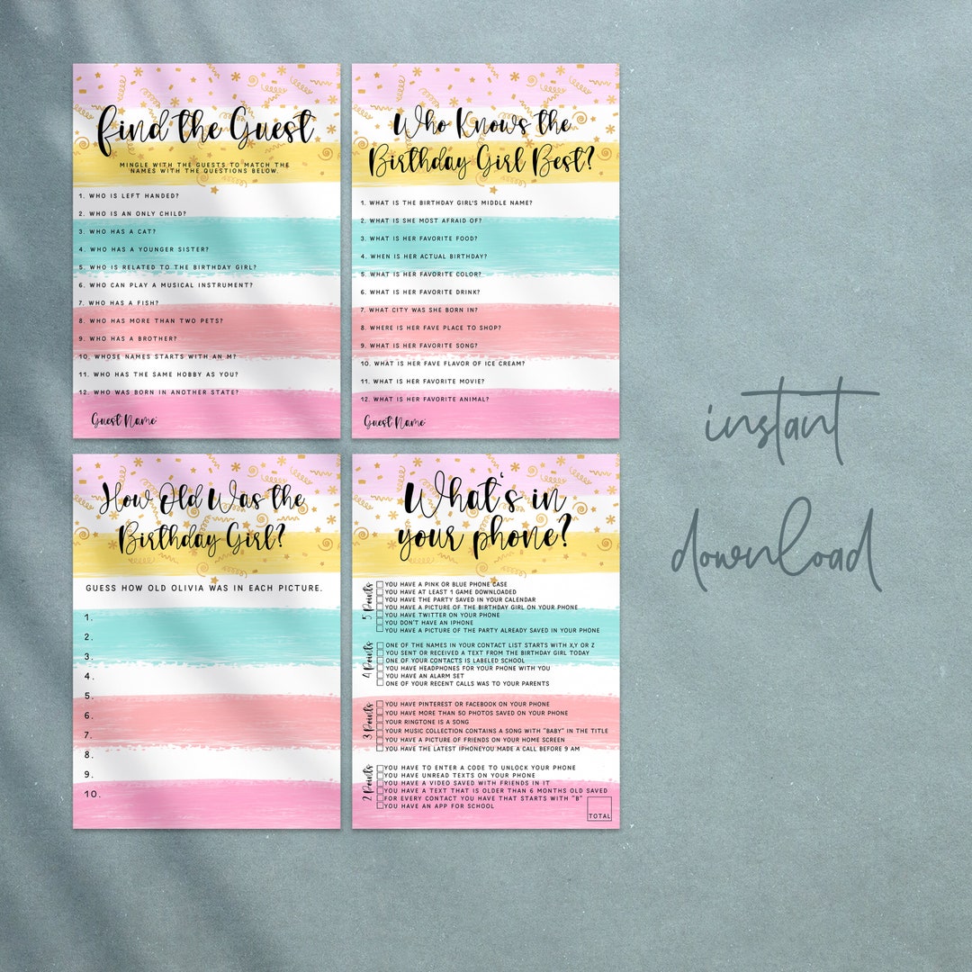 Glitter Gold Birthday Party Games, Who Knows the Birthday Girl Best ...