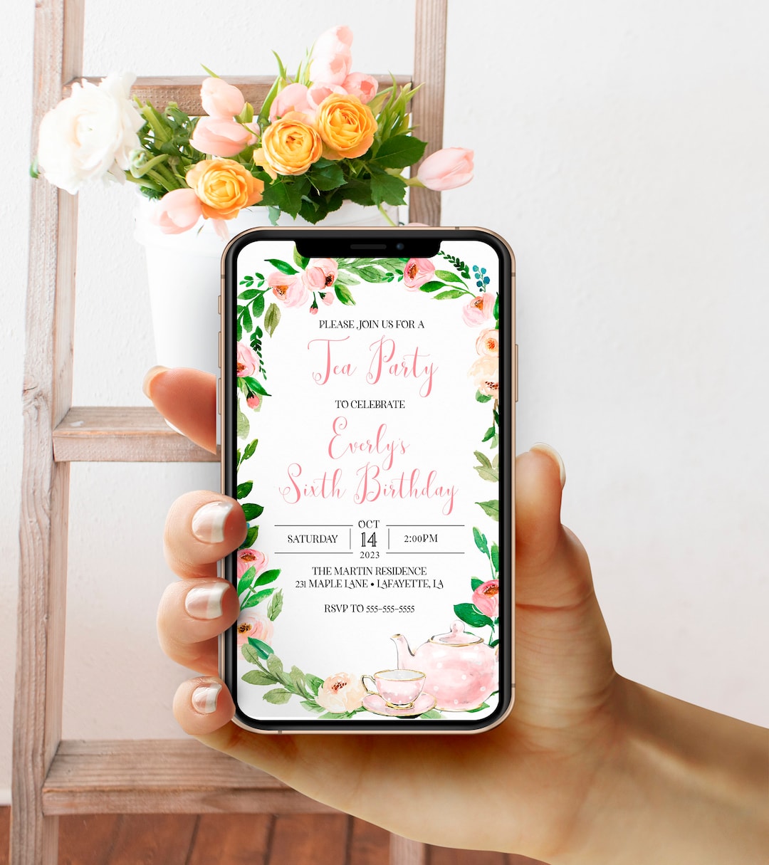 Floral Tea Party Text Message Invitation, Tea Party Birthday Invitation ...