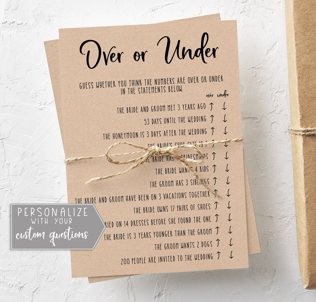 Over Or Under Printable Game Bridal Wedding Couples Shower