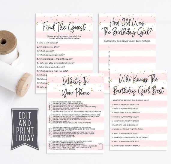 Glitter Gold Birthday Party Games Who Knows The Birthday Girl | Etsy