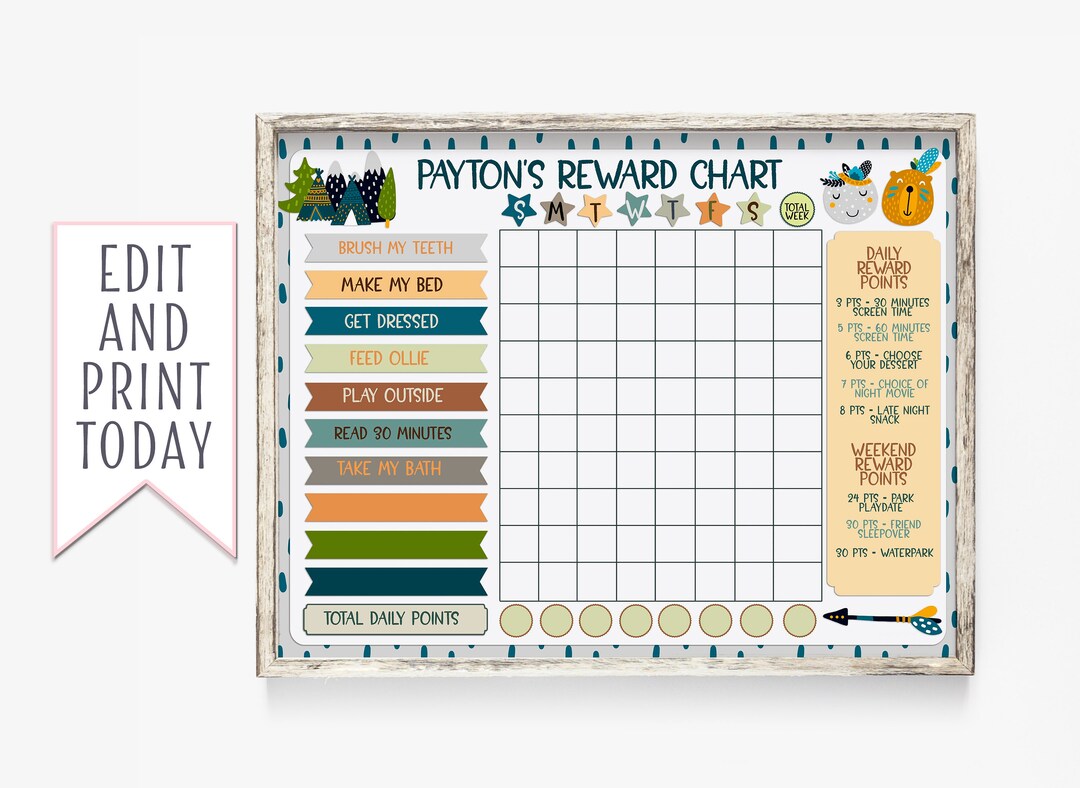 Little Explorer Editable Reward Chart, Woodland Chore Charts, Instant ...