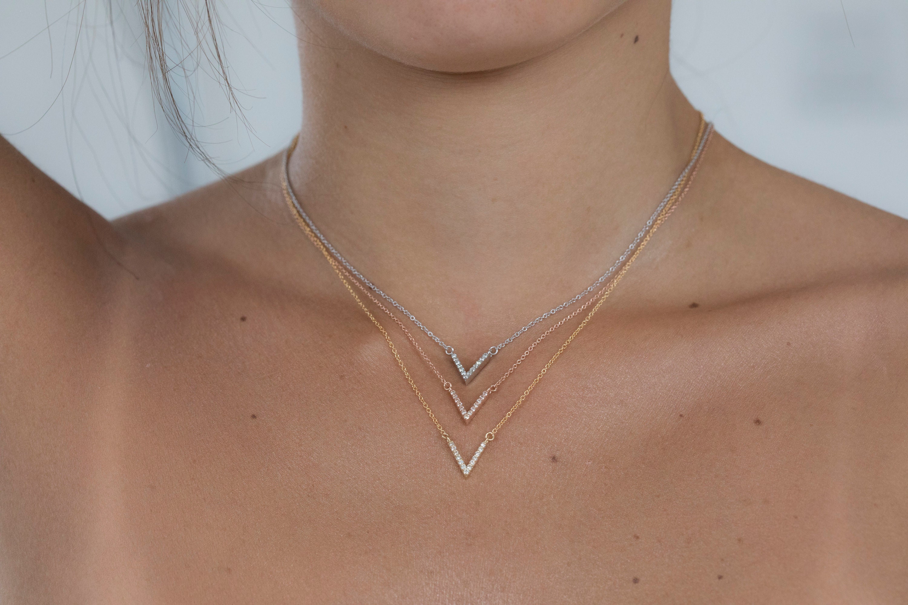 Diamond V Necklace 14k Rose Gold Dainty Necklace Minimalist - Etsy