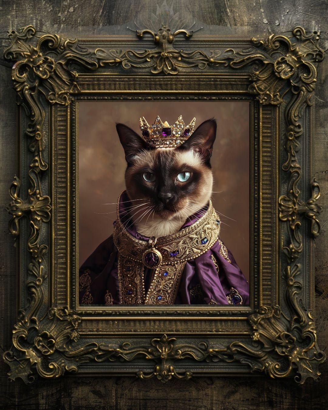 Siamese Cat Drapped in A Purple Royalty Robe, With A Crown of Jewels ...