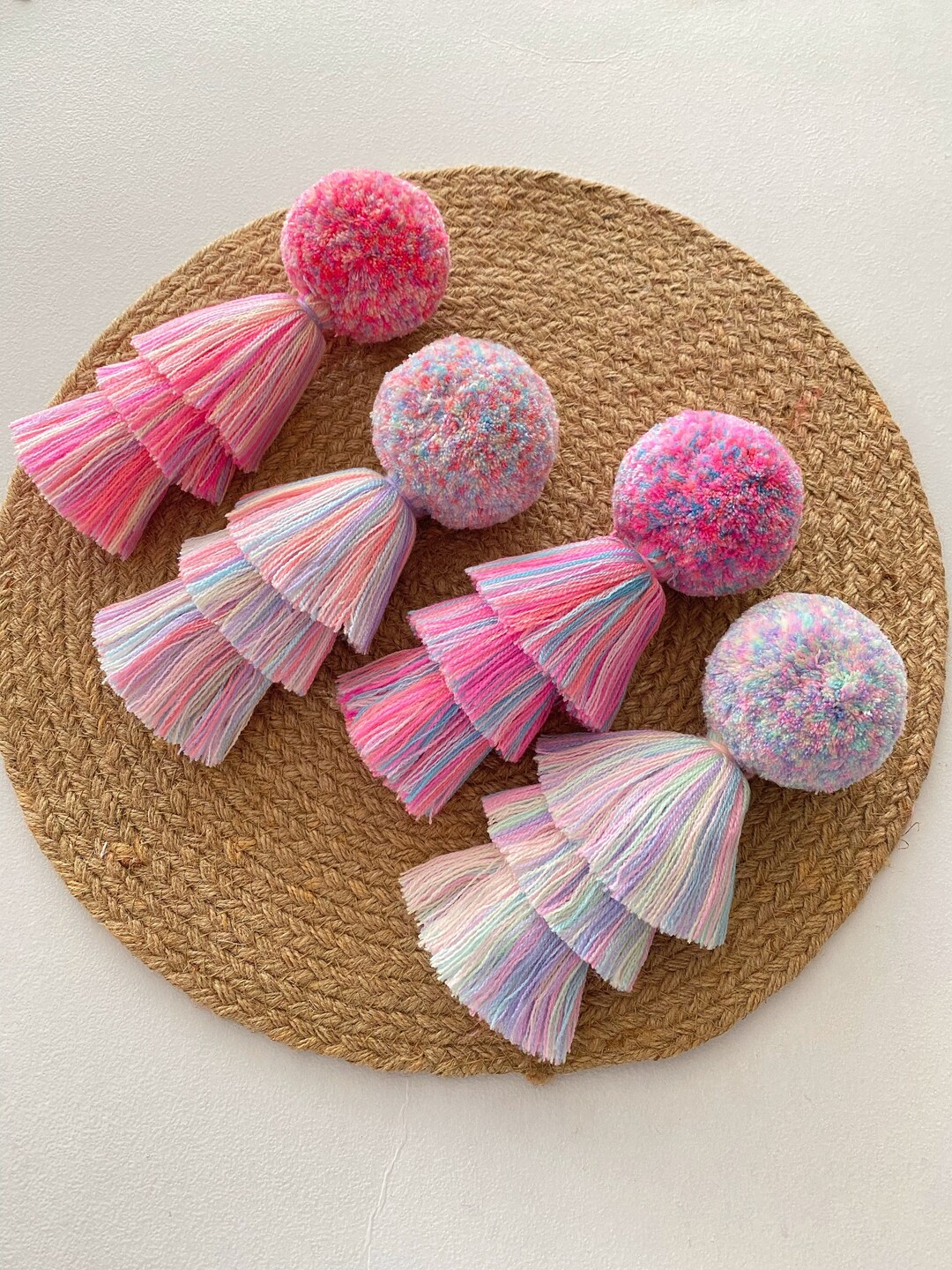 Mexico pom pom tassel bag charm, tassel keychain, multicolored pom pom ...