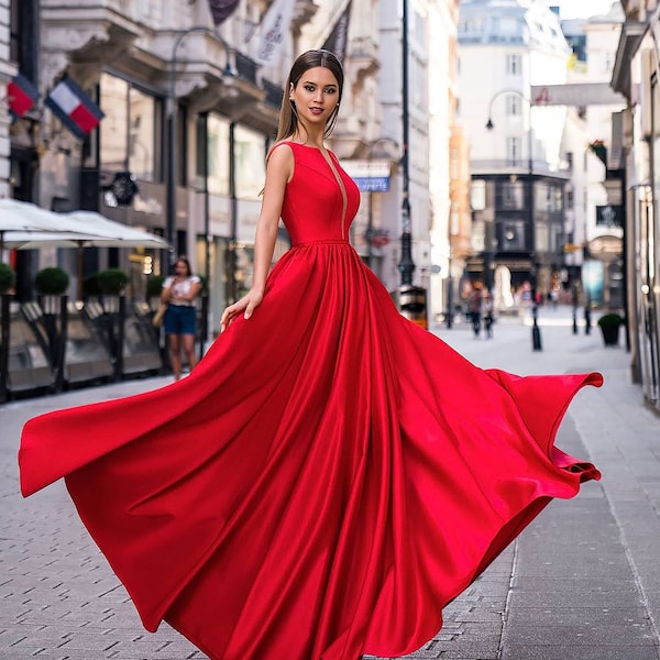 Red Satin Dress - Etsy