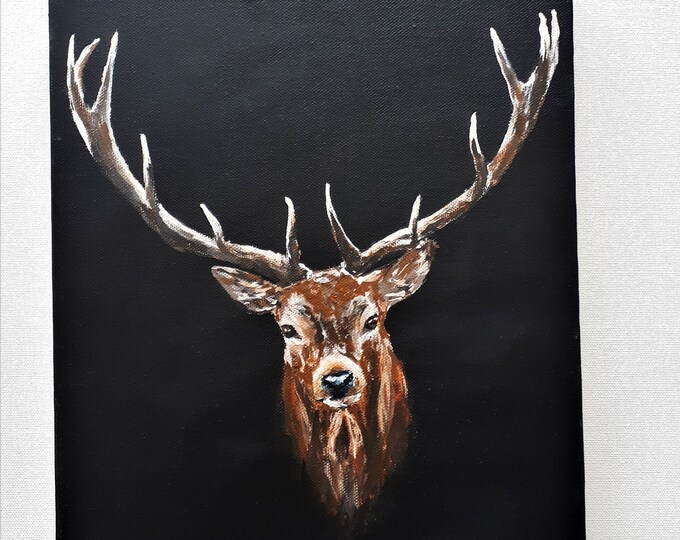 Original Stag Head Painting on Black Background. Acrylic Stag Painting ...