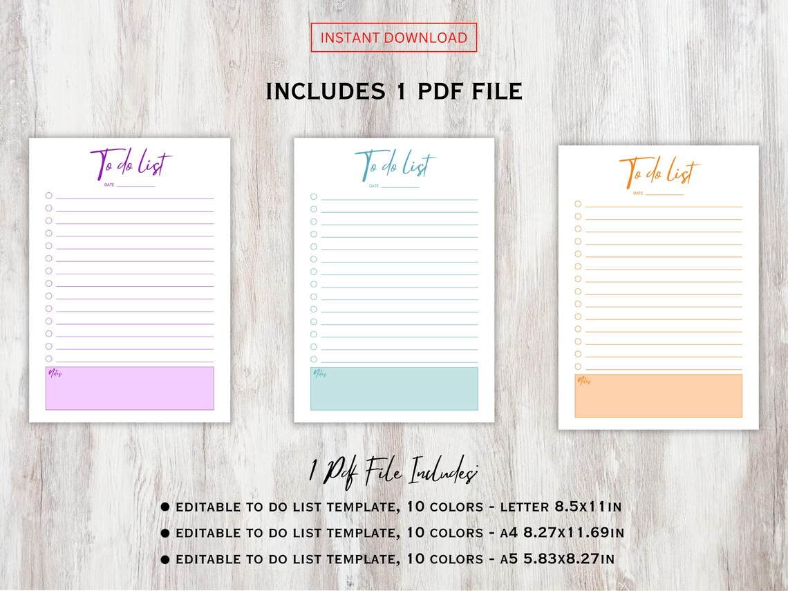 Editable to Do List Template | 10 Colors, Task Tracker Planner ...
