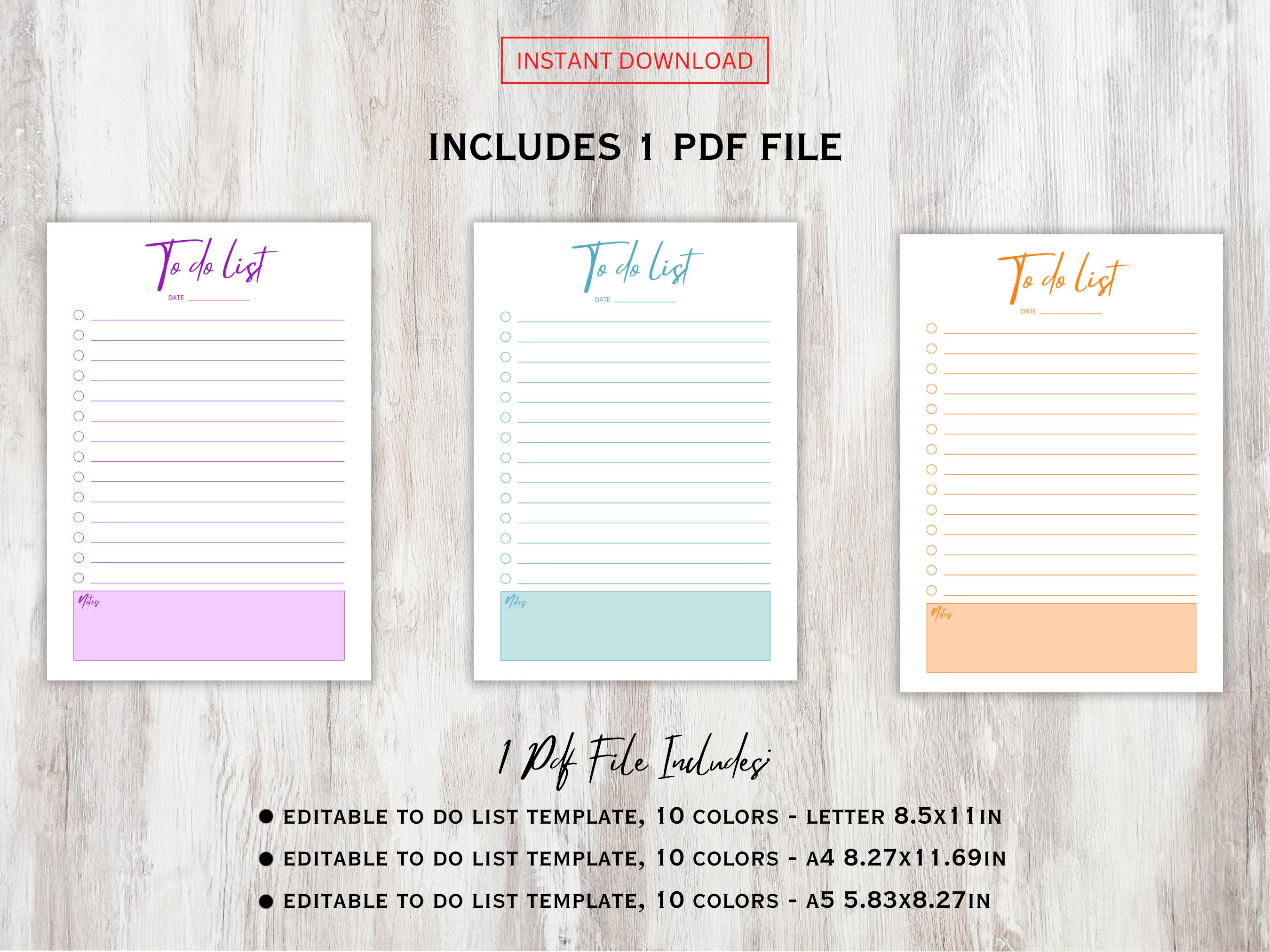 Editable to Do List Template | 10 Colors, Task Tracker Planner ...