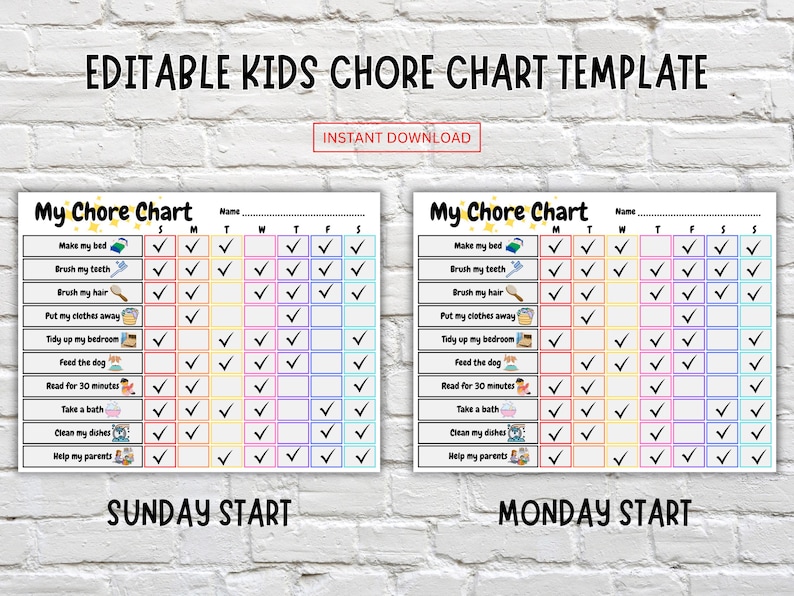 Editable Kids Chore Chart Template | Daily Responsibility Checklist for ...