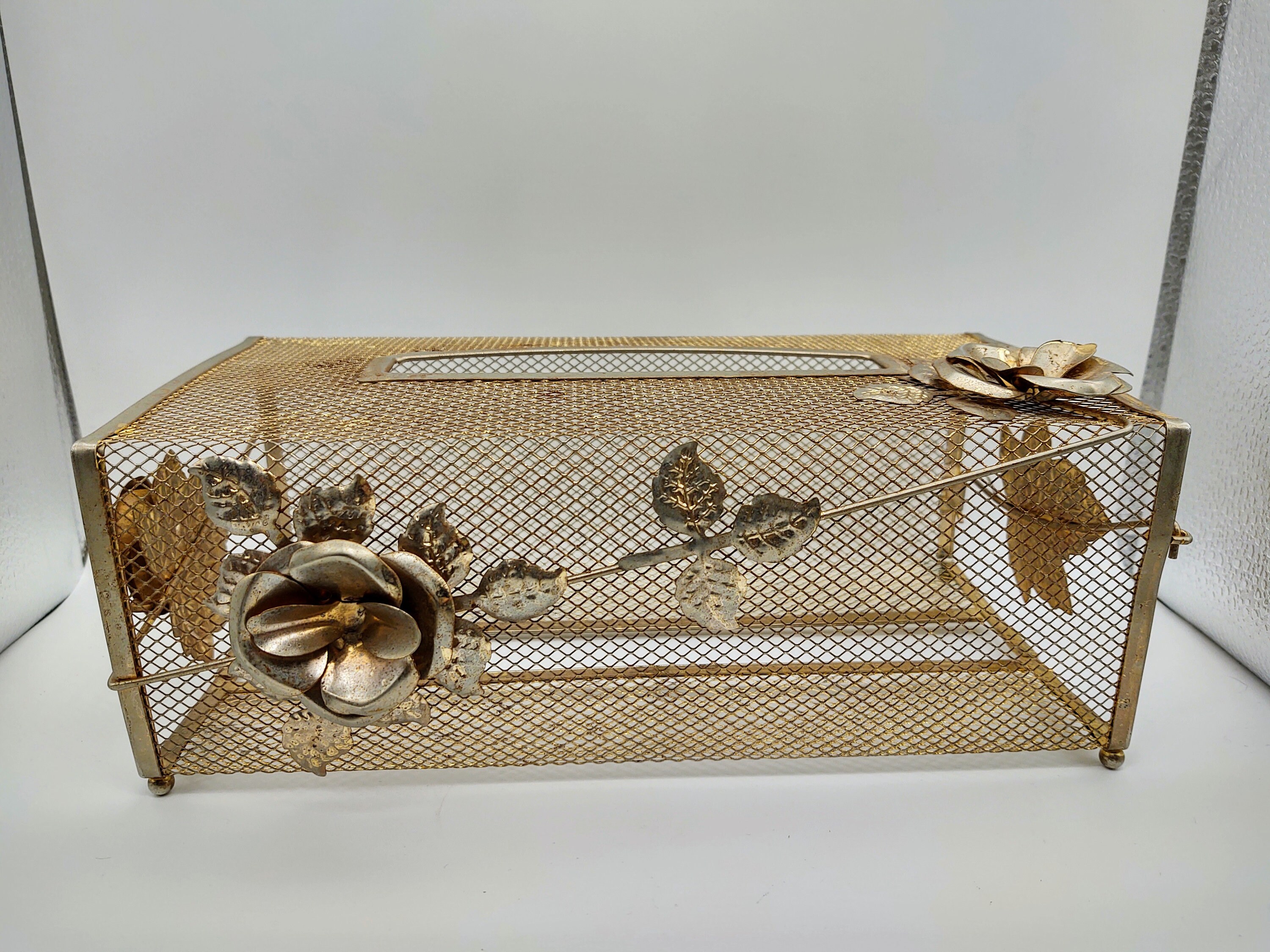 Vintage Gold Wire Mesh Tissue Box Holder with Roses | Etsy