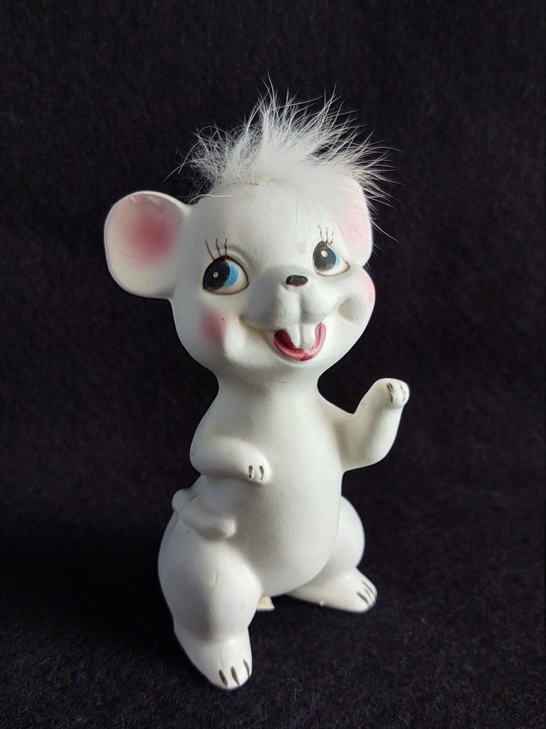 Vintage Big Eyed White Mouse Figurine With Fur Trim Japan | Etsy