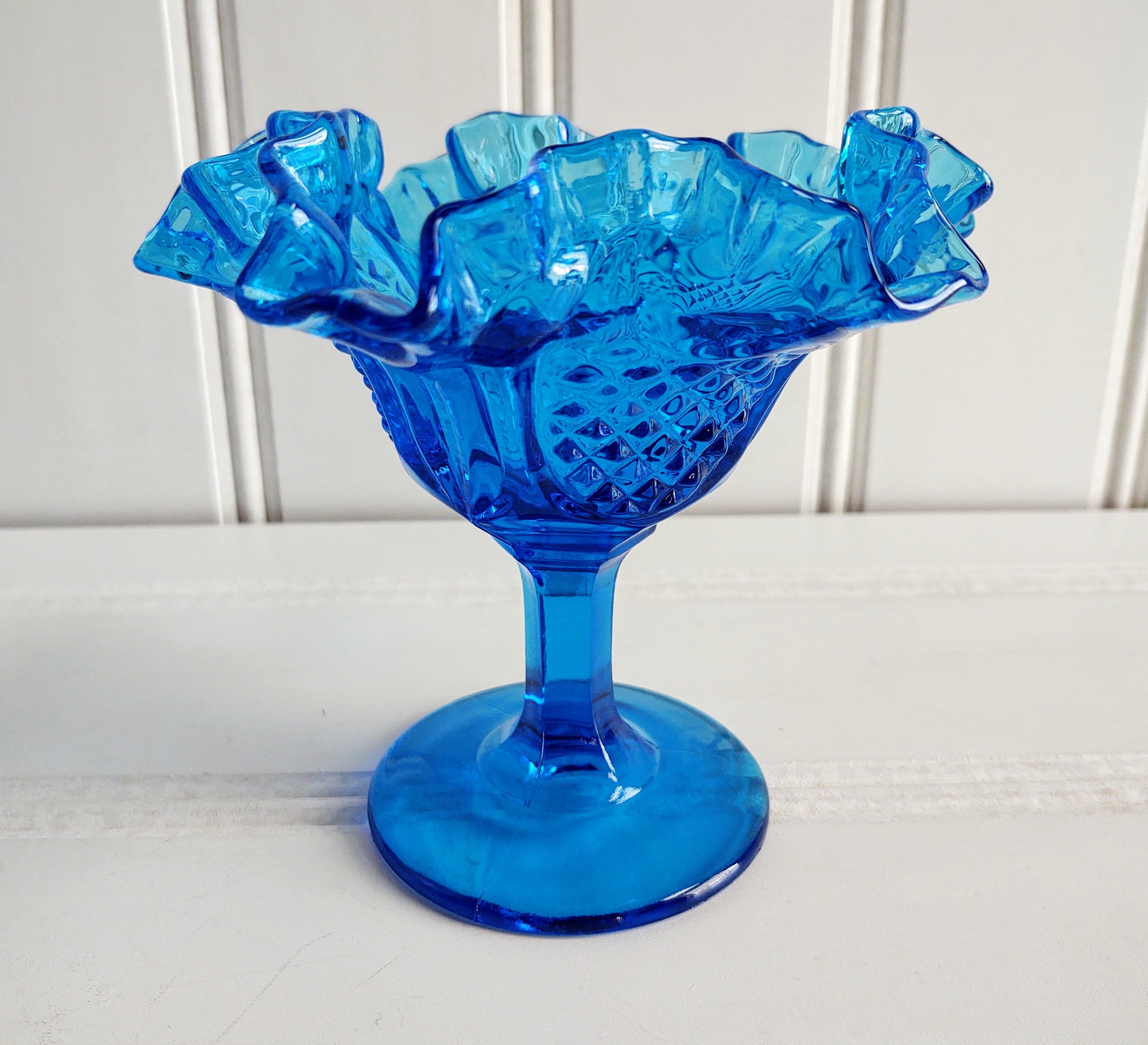 Vintage Blue Ruffled Glass Compote Diamond Point Candy Dish | Etsy