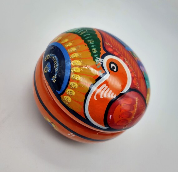 Mexican Pottery Redware Hand Painted Round Trinket Box - Gem