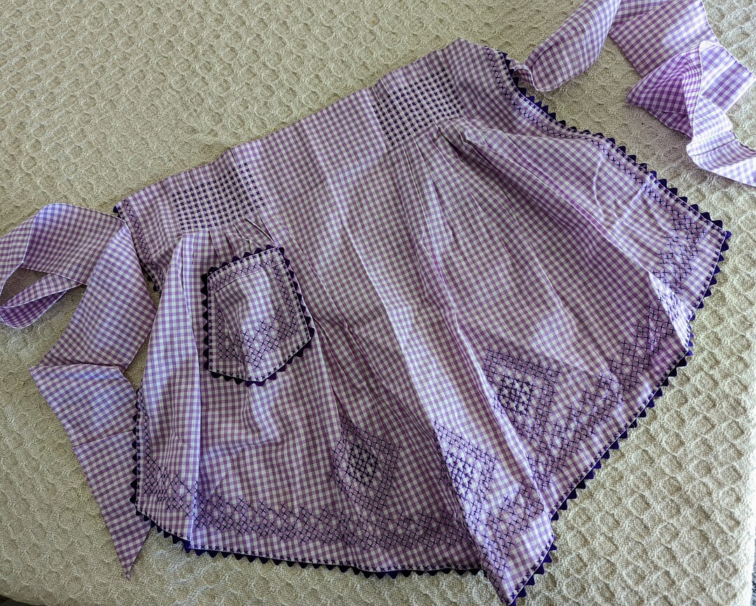 Vintage Handmade Lilac/purple Gingham Embroidered Half Apron With ...