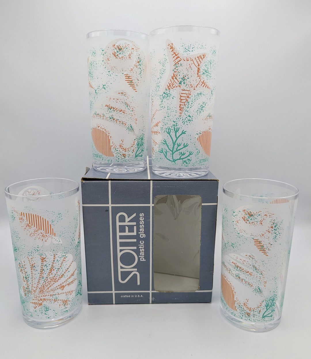 Vintage Stotter Set/4 Starfish Seashell Jumbo Water Plastic Drinking ...