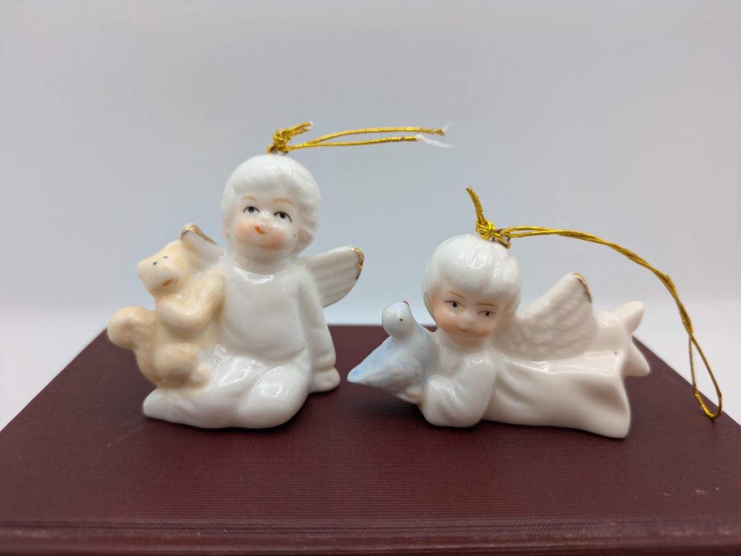 Vintage Set/2 Angel Baby Bone China Ornaments With Animals Bluebird ...