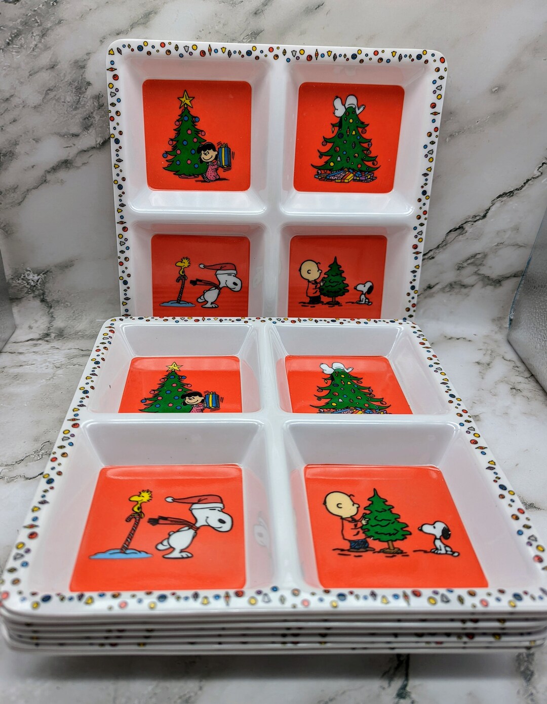 Vintage Peanuts Characters Christmas Square Divided Appetizer Melamine ...