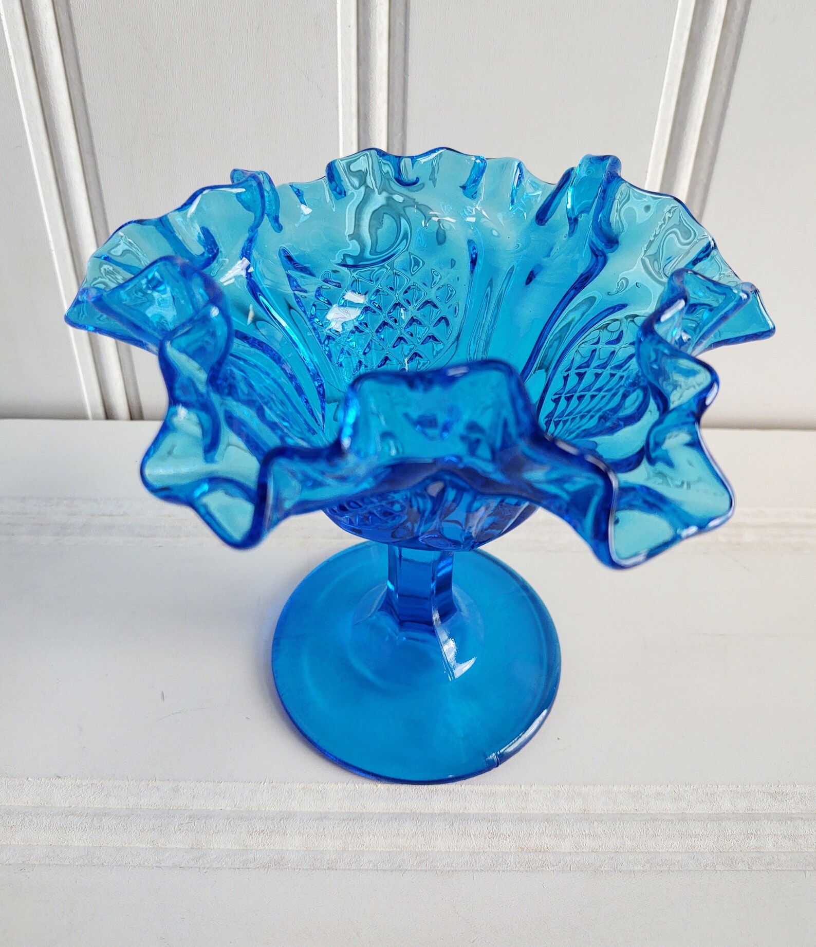 Vintage Blue Ruffled Glass Compote Diamond Point Candy Dish - Etsy