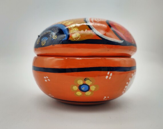 Mexican Pottery Redware Hand Painted Round Trinket Box - Gem