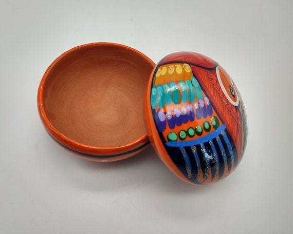 Mexican Pottery Redware Hand Painted Round Trinket Box - Gem